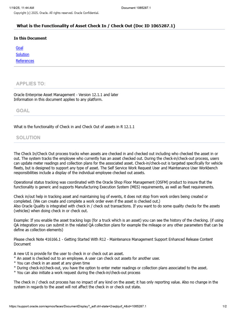 What is the Functionality of Asset Check In Check Out (Doc ID 1065287.1 ...