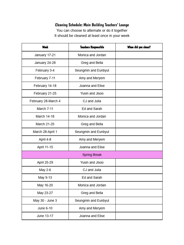 Cleaning Schedule - Main Building Teachers' Lounge | PDF