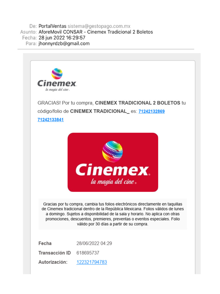 AforeMovil CONSAR - Cinemex Tradicional 2 Boletos | PDF