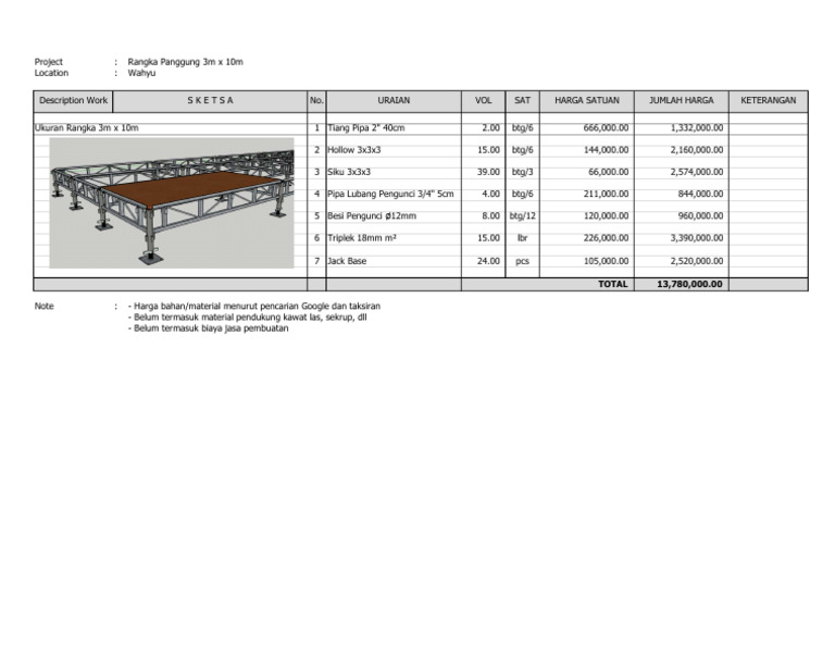 Desain Rangka Panggung Besi 3x10m | PDF