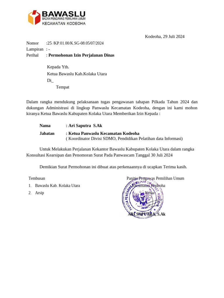 Surat Ijin Perjalanan Dinas | PDF