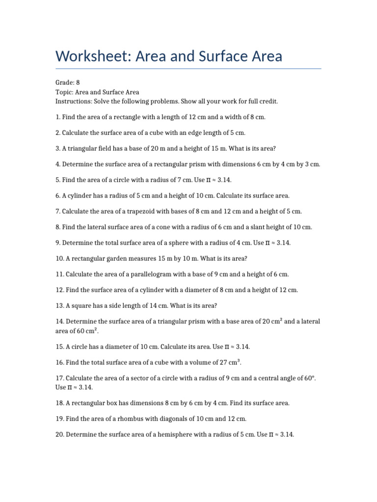 Area and Surface Area Worksheet for Grade 8 | PDF