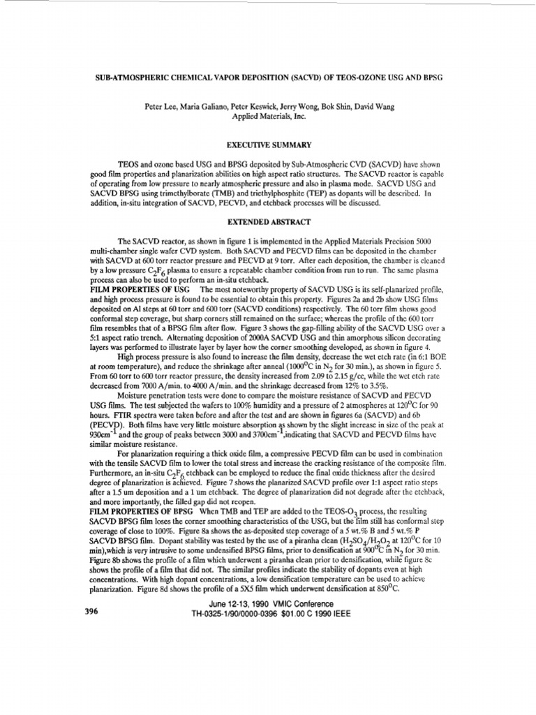 Sub-Atmospheric Chemical Vapor Deposition (SACVD) of TEOS-ozone USG and ...