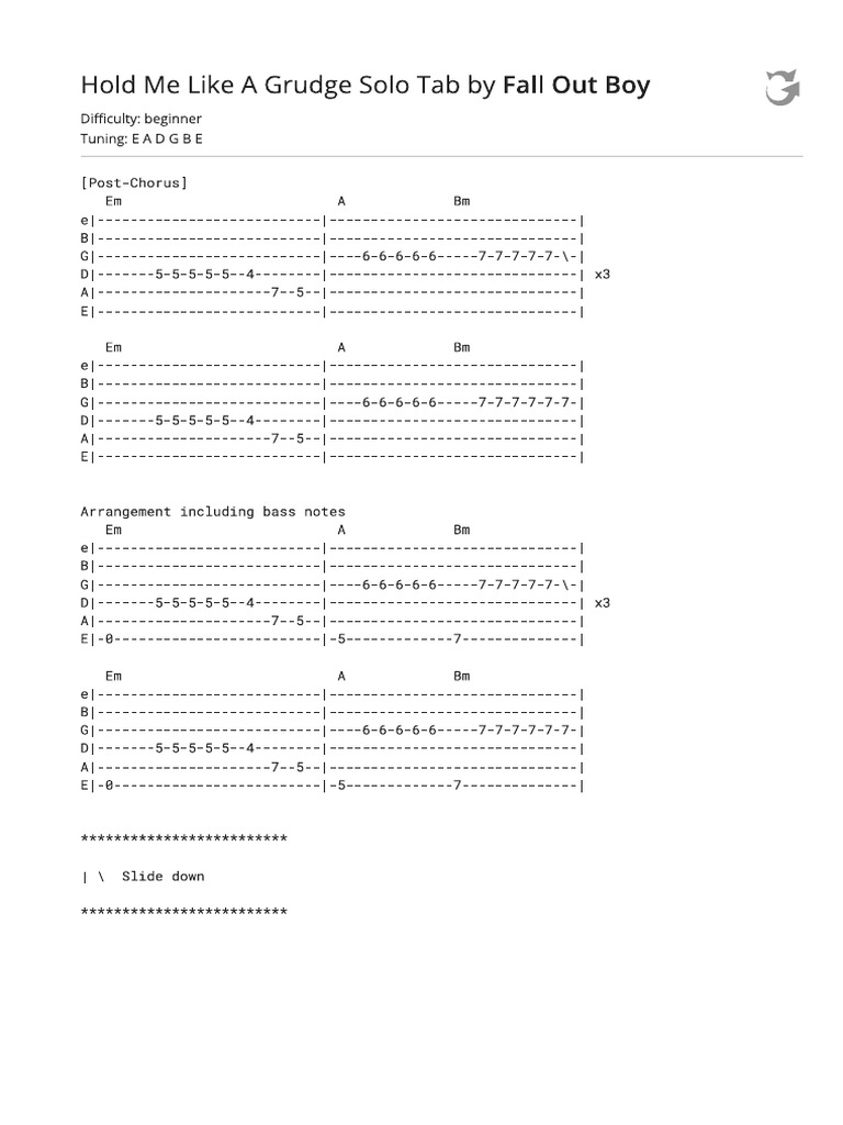 Hold Me Like A Grudge Tab by Fall Out Boytabs at Ultimate Guitar ...