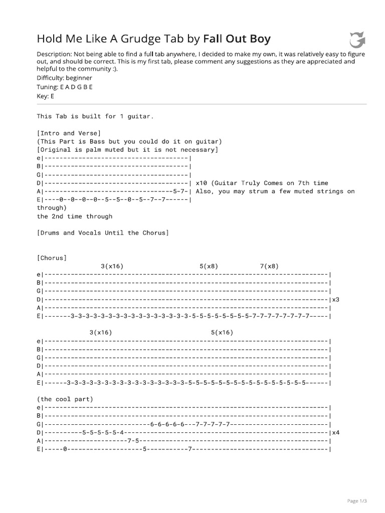 Hold Me Like A Grudge Tab by Fall Out Boytabs at Ultimate Guitar ...