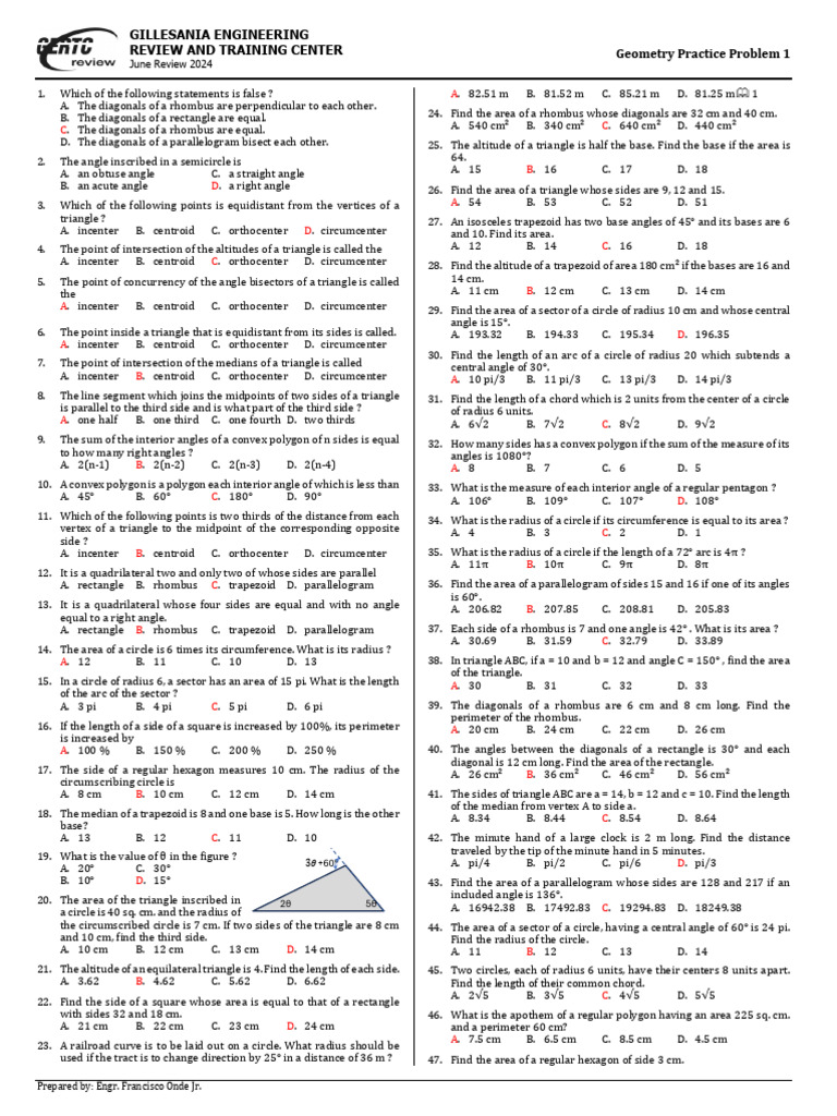 0 Plane Geometry Practice Problems | PDF | Area | Circle