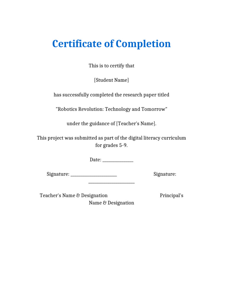 Certificate of Completion for Robotics Project | PDF