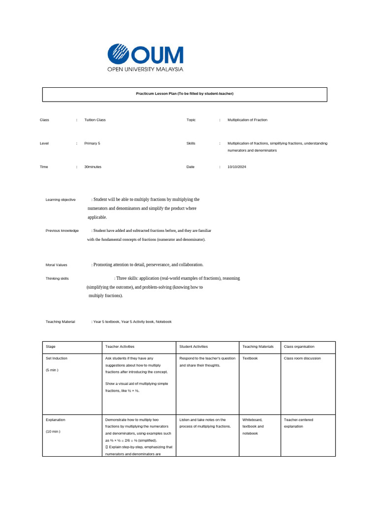 Practicum Lesson Plan | PDF | Multiplication | Cognition
