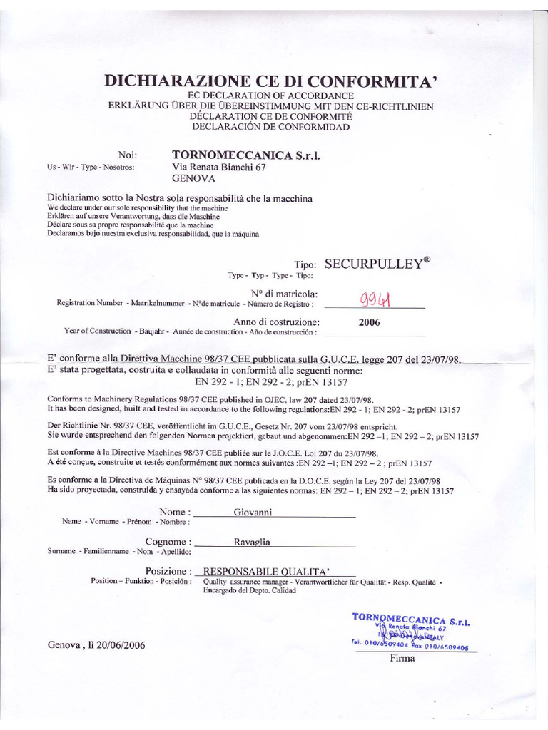 Dichiarazione Ce Di Conformita | PDF
