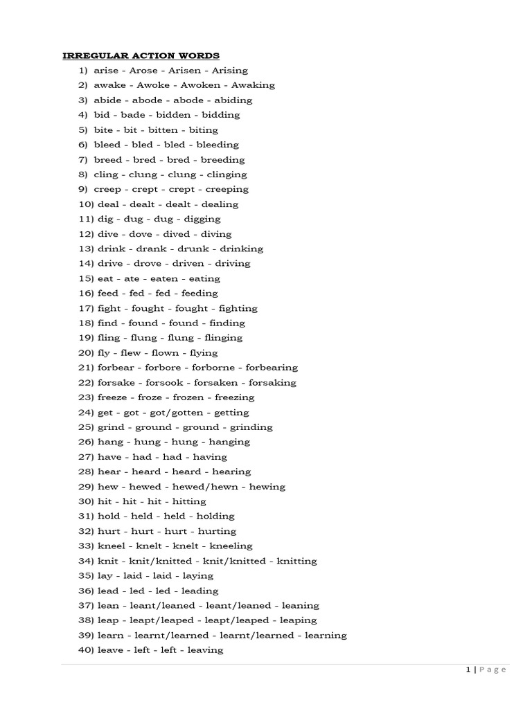 01A - Irregular Action Words (1) | PDF | Syntax | Linguistics