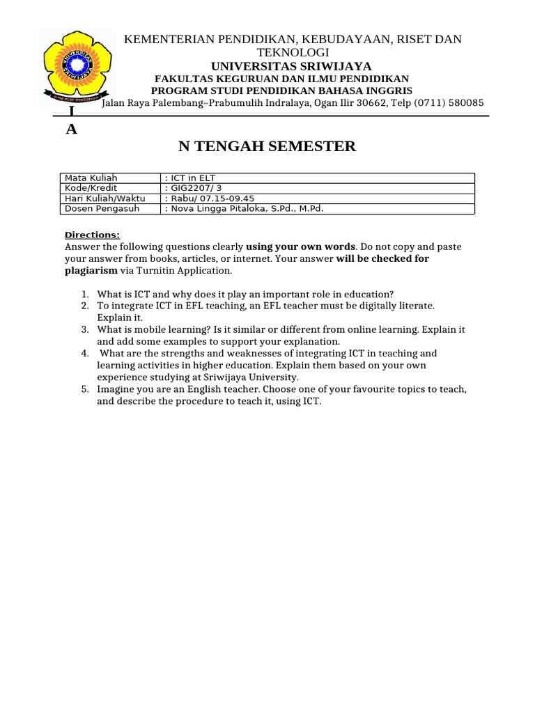 Ujian Tengah Semester - Ict in Elt | PDF | Learning | Cognition