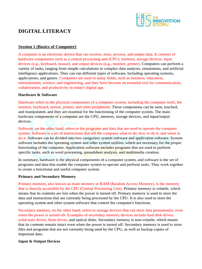 Mentor Handbook - Digital Literacy | PDF | Computer Data Storage | Input/Output