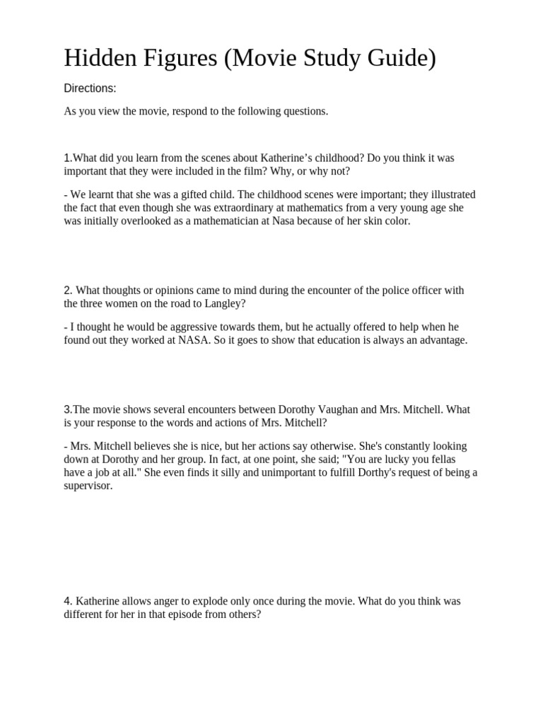 Hidden Figures Movie Study Guide | PDF | Hidden Figures