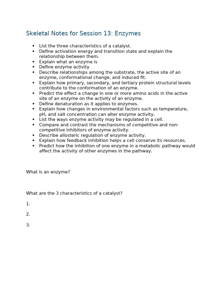 Skeletal Notes For Session 13 Enzymes | PDF