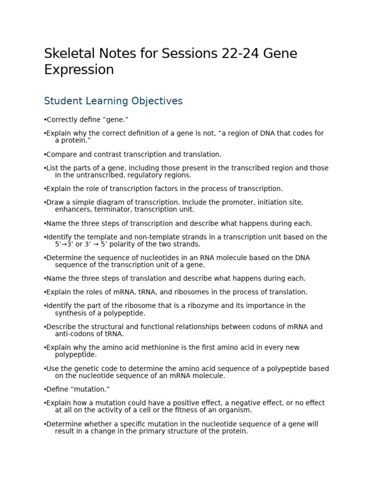 Skeletal Notes For Sessions 22-24 Gene Expression | PDF | Translation ...