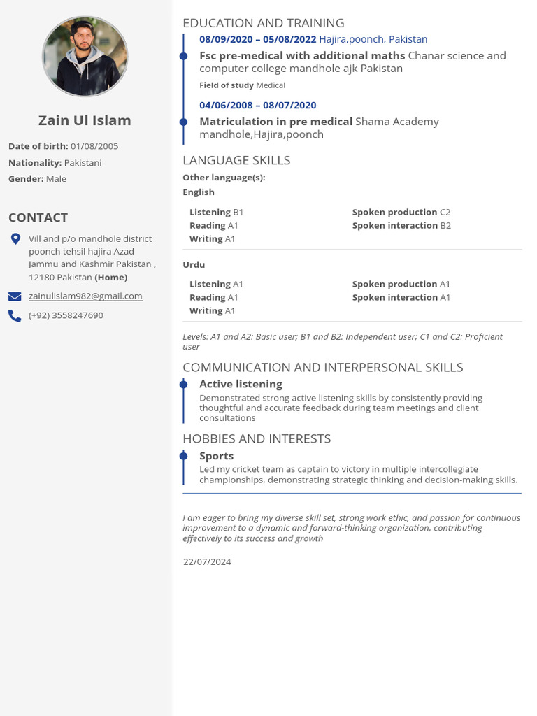 European CV (Zain Ul Islam) | PDF | Human Communication
