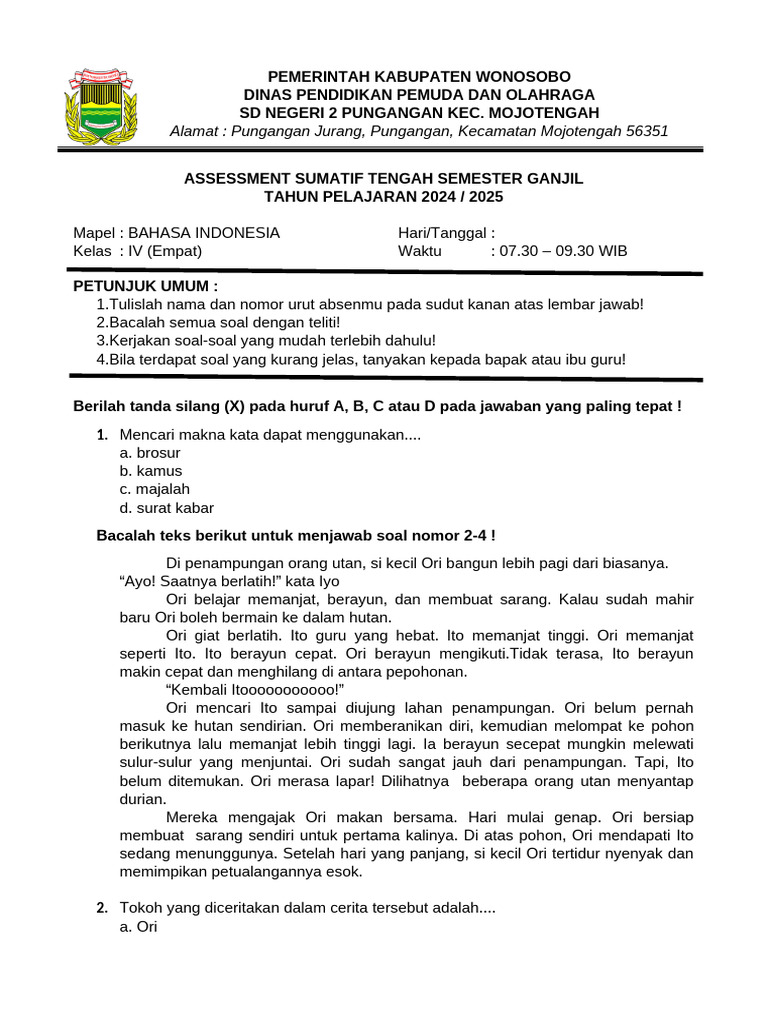 SUMATIF TENGAH SEMESTER 1 BAHASA INDONESIA KELAS 4 Oke | PDF