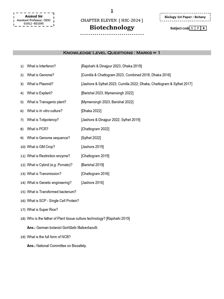 Biotechnology Knowledge Questions HSC 2024 | PDF | Genetic Engineering ...