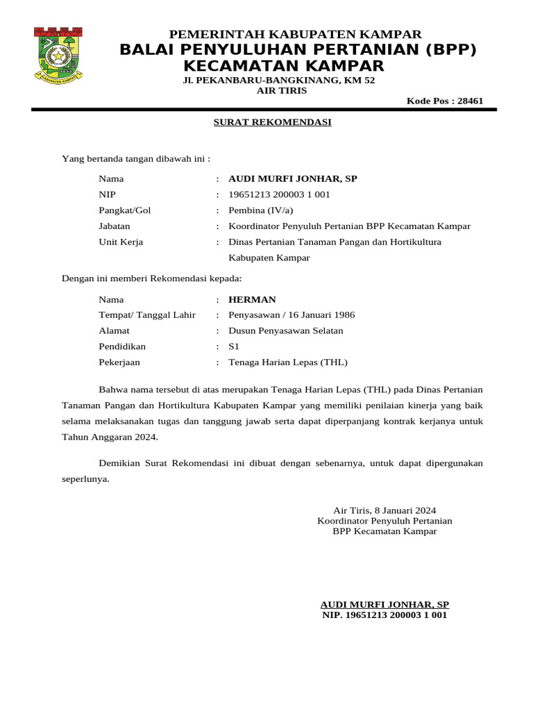 Form Surat Rekom THL Herman | PDF