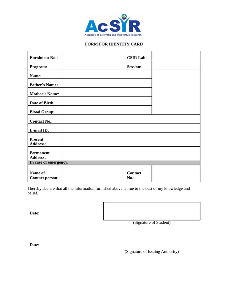 Student Identity Card Application Form | PDF