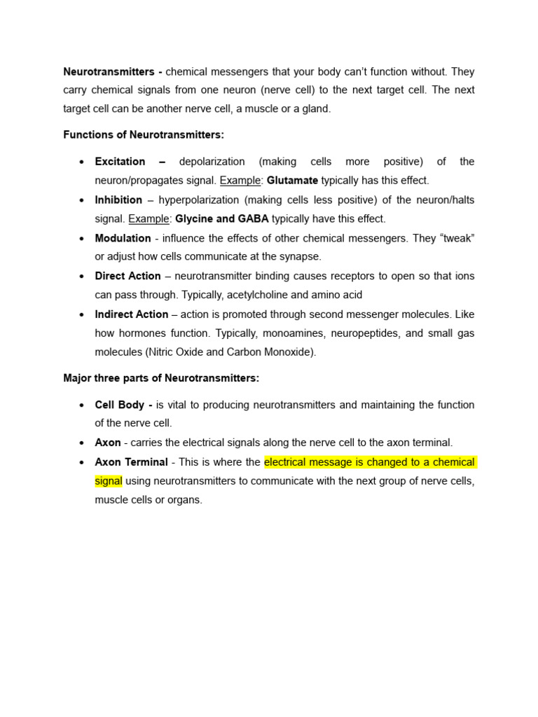 Neurotransmitters and Parts of The Brain | PDF | Neurotransmitter ...