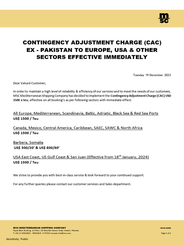 Customer Advisory - Contingency Adjustment Charge (Cac) Ex - Pakistan ...