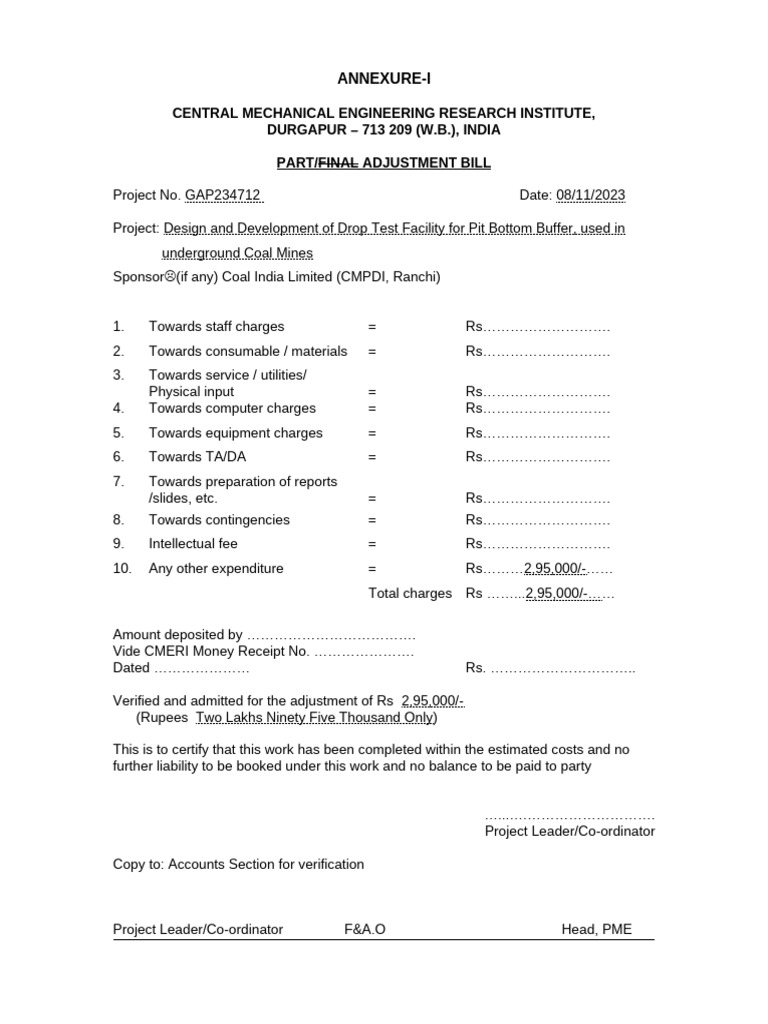 Final Adjustment Bill for Coal Mine Project | PDF