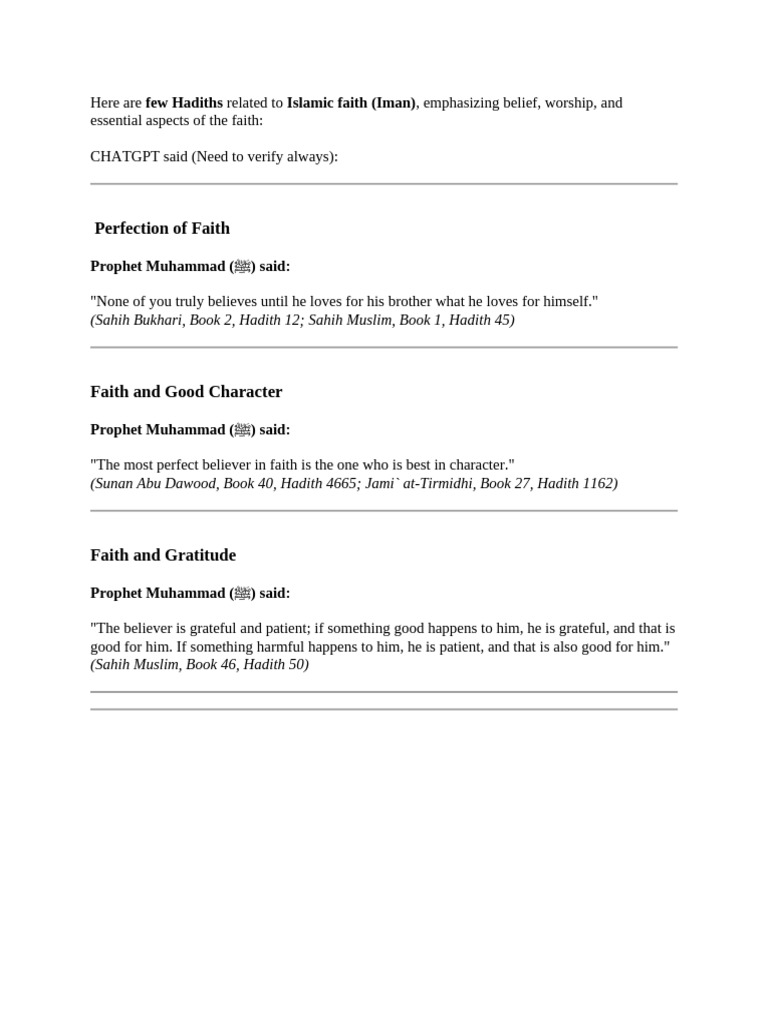 Key Hadiths on Faith and Character | PDF