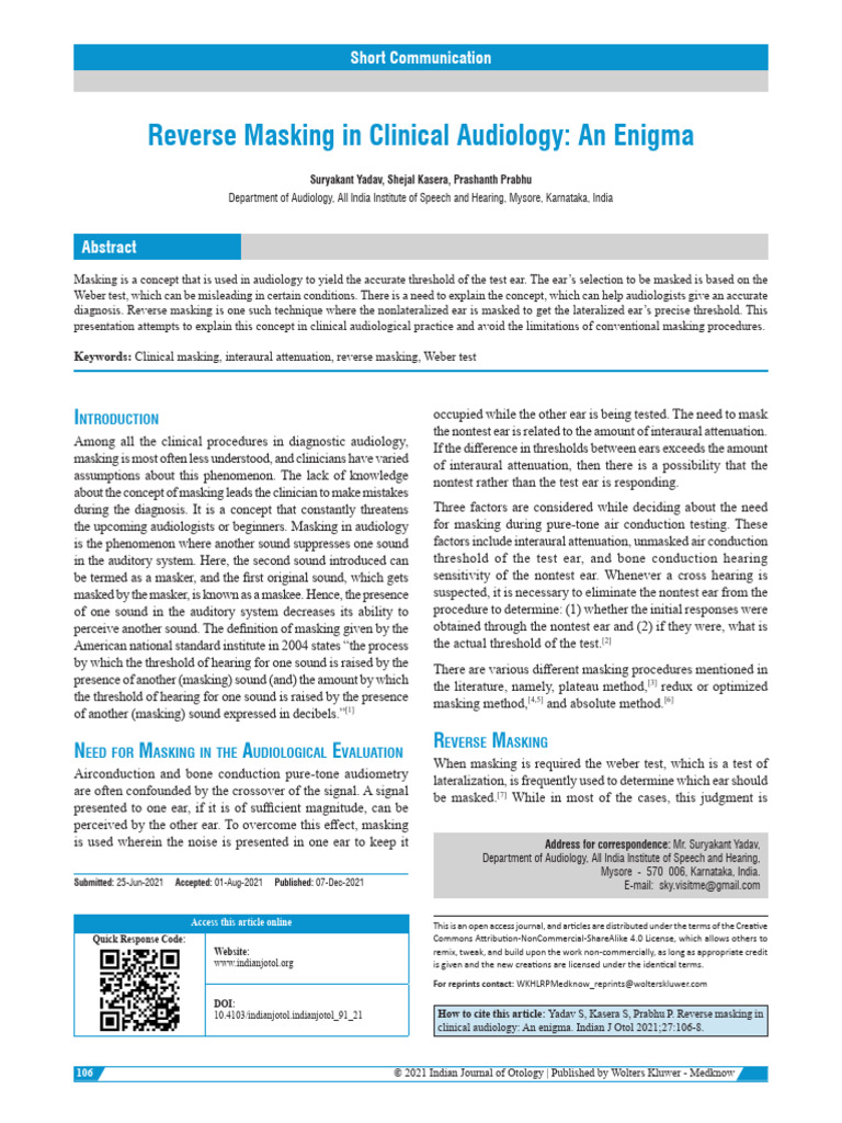 Reverse Masking in Clinical Audiology An Enigma.11 | PDF | Hearing Loss ...