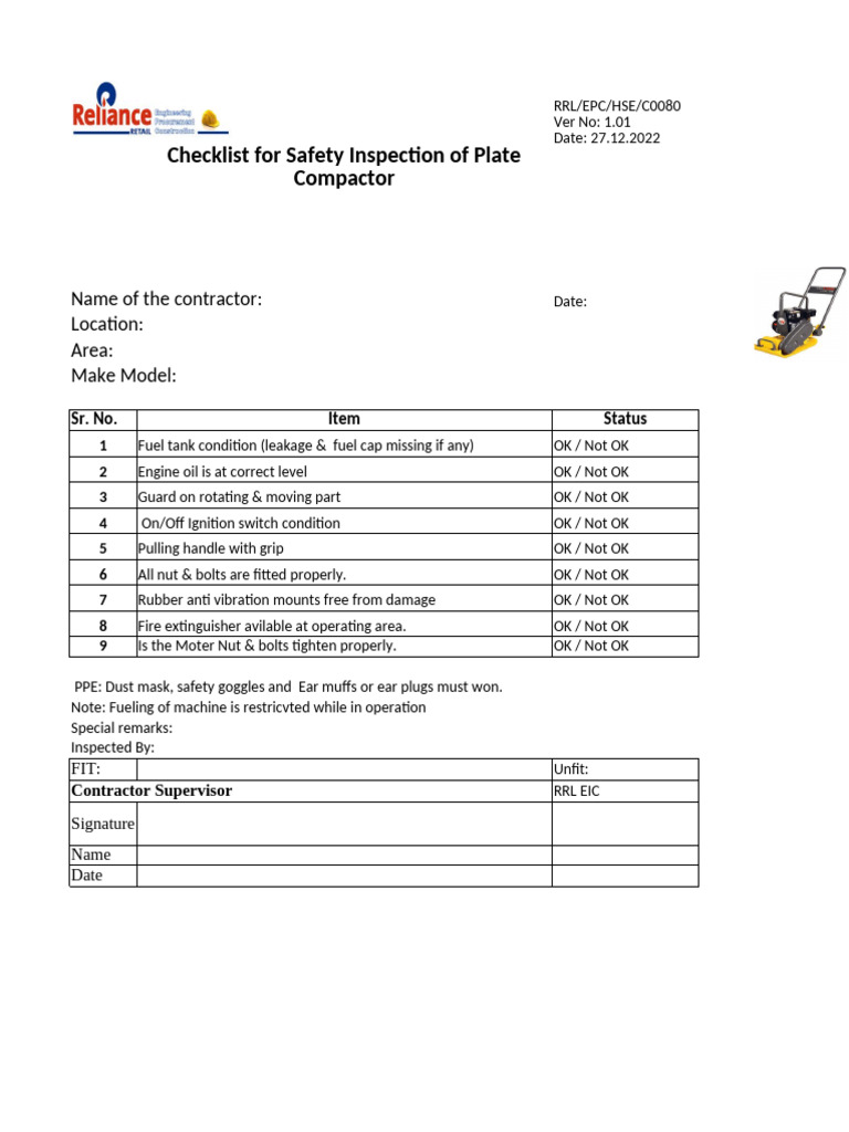 Plate Compactor Safety Checklist | PDF