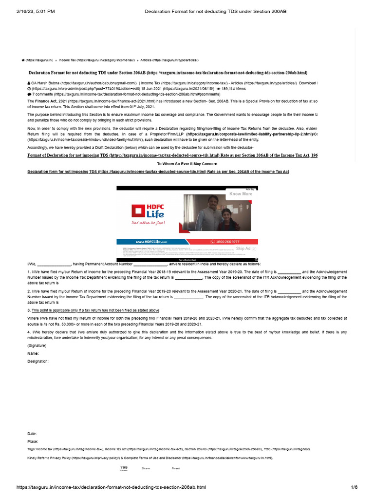 Declaration Format For Not Deducting TDS Under Section 206AB | PDF ...