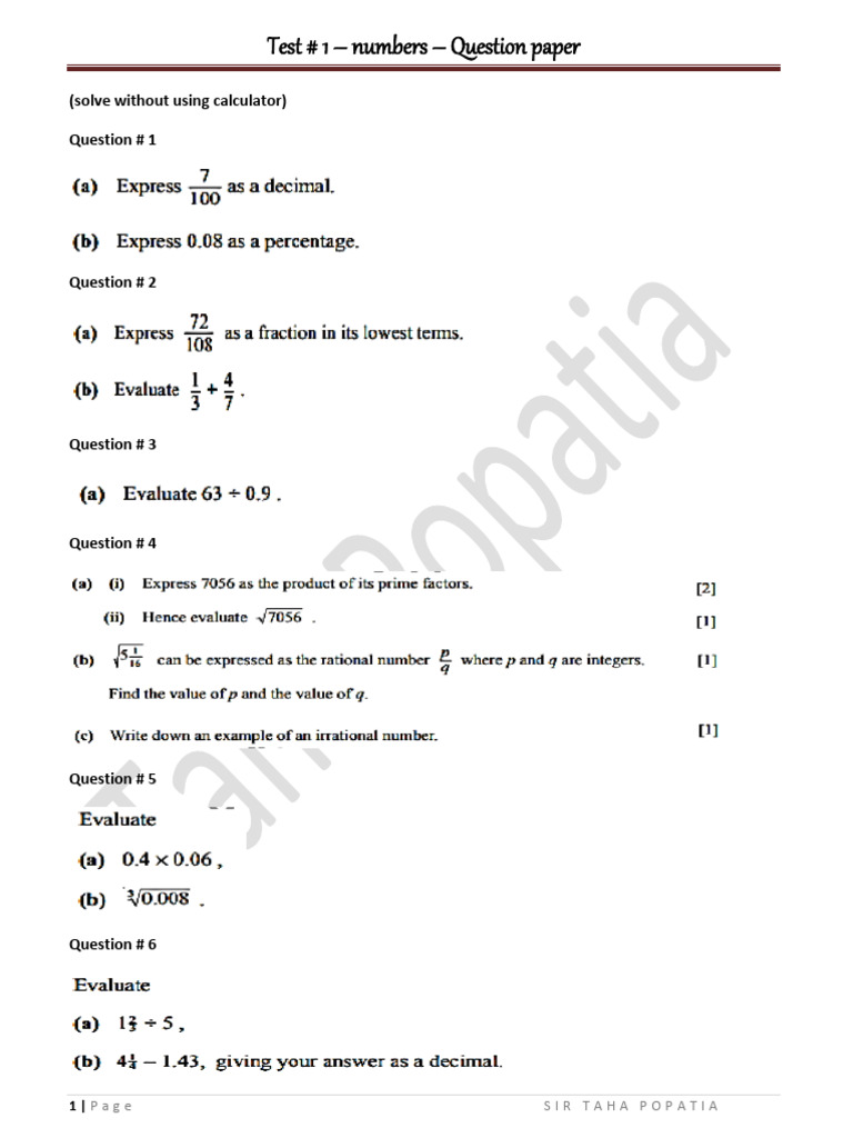 Test #1 Numbers Question Paper | PDF