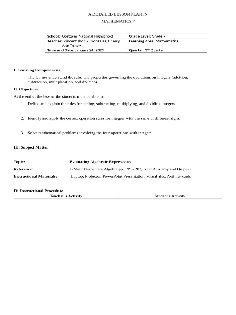 A DETAILED LESSON PLAN IN Algebraic Expression | PDF | Algebra | Equations