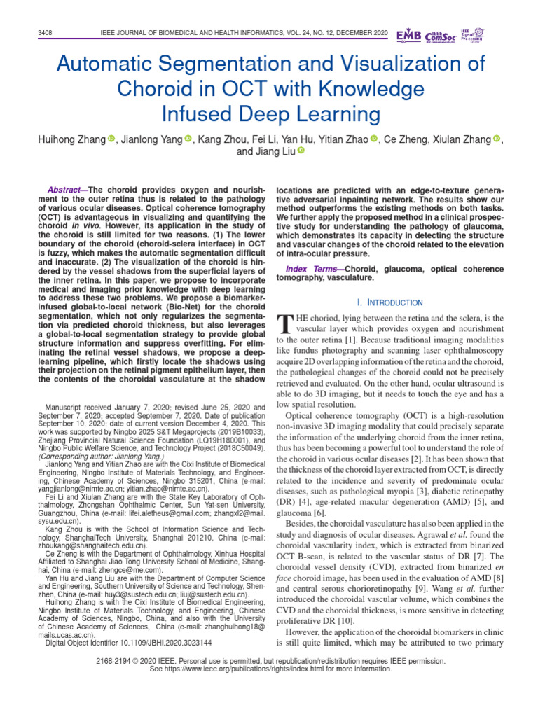 Automatic Segmentation and Visualization of Choroid in OCT With Knowledge Infused Deep Learning ...