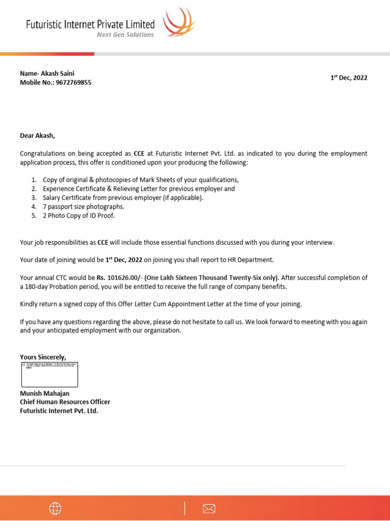 Offer Letter for CCE Position at Futuristic | PDF