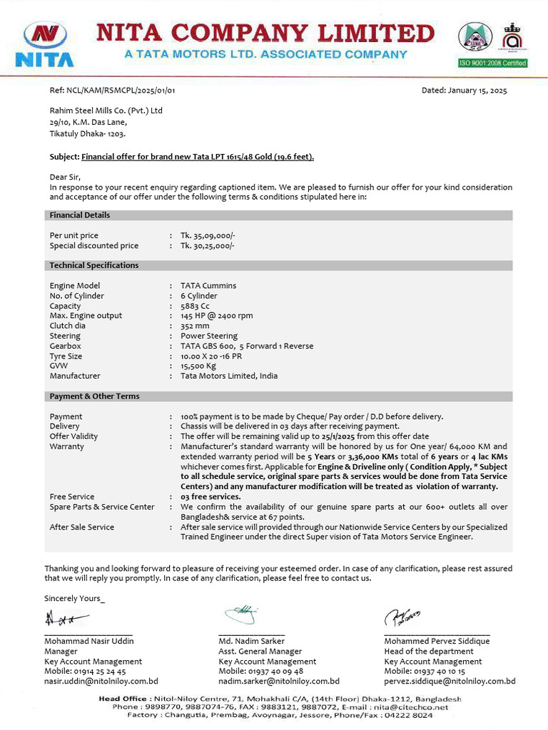 TATA LPT 1615-48 Gold Financial Offer For Rahim Steel Mills Co. Pvt ...