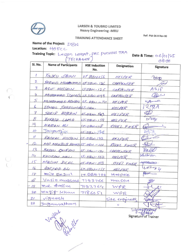 PRC Lesson Learnt Training Attendance Sheet | PDF
