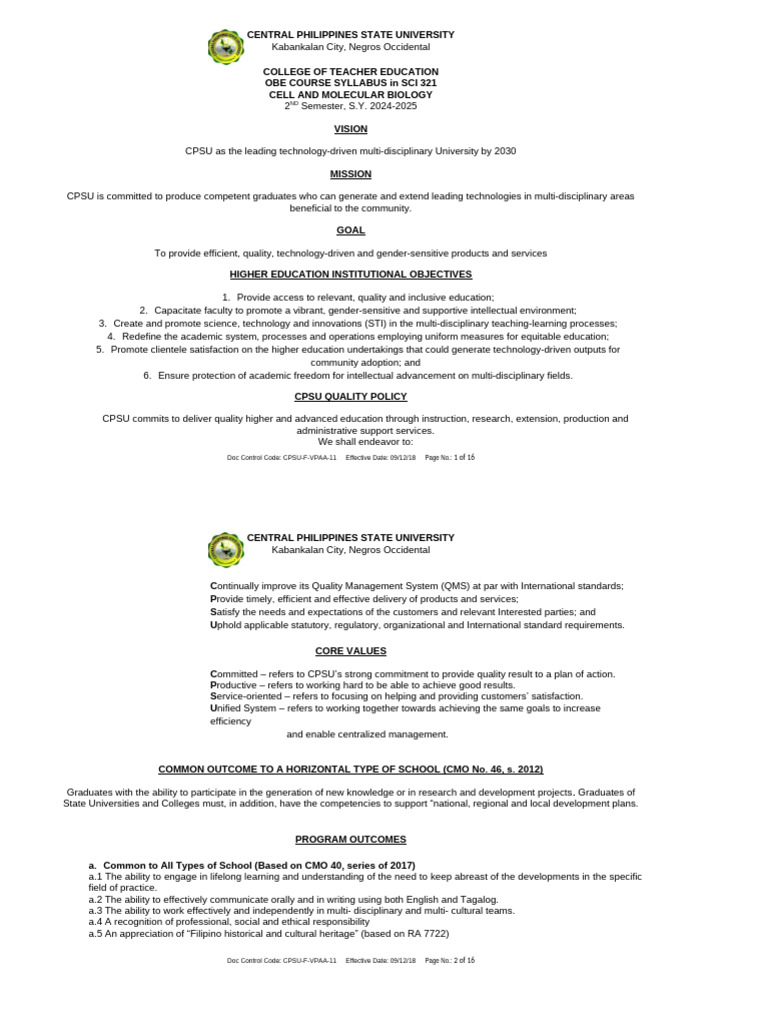 CPSU SCI 321: Cell and Molecular Biology | PDF | Learning | Pedagogy