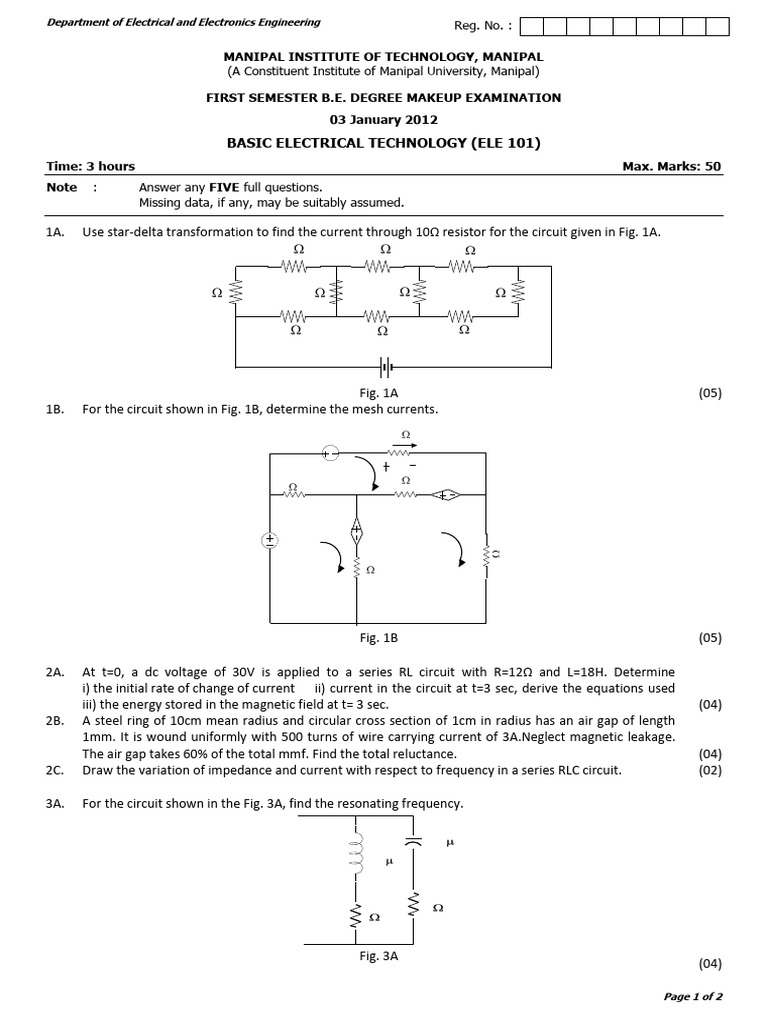 Basic Electrical Technology (ELE - 101) RCS (Maekup) | PDF | Electric ...