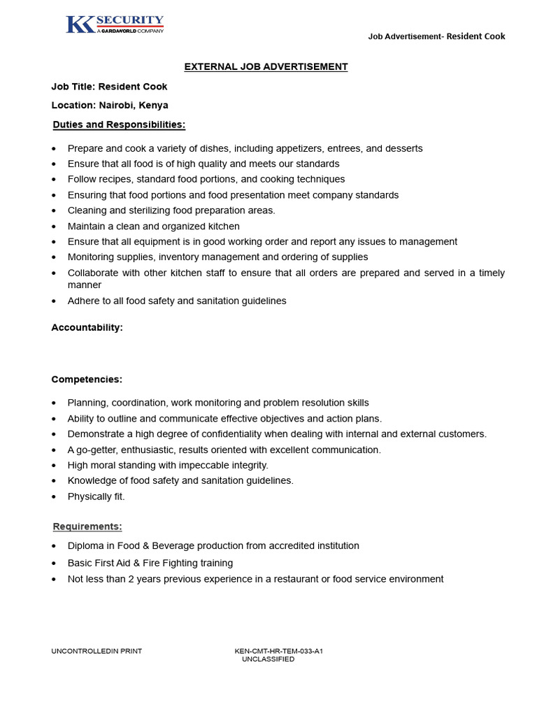 Resident Cook Job Opening in Nairobi | PDF | Food Safety