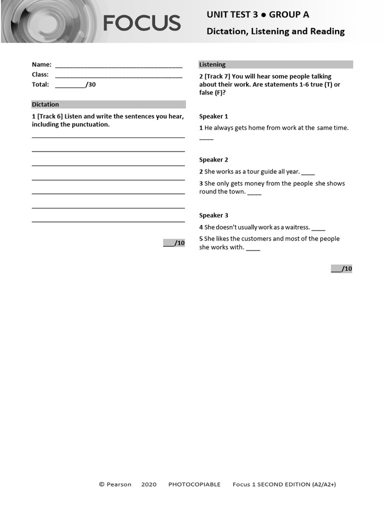 Focus1 2E Unit Test Dictation Listening Reading Unit3 GroupA | PDF
