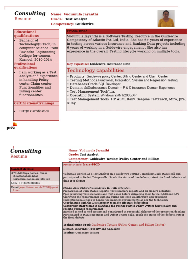 Guidewire Testing Resume of Vudumula Jayanthi | PDF | Insurance ...