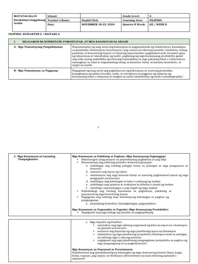 Fil 4 - DLL - Q2 - Week 8 | PDF