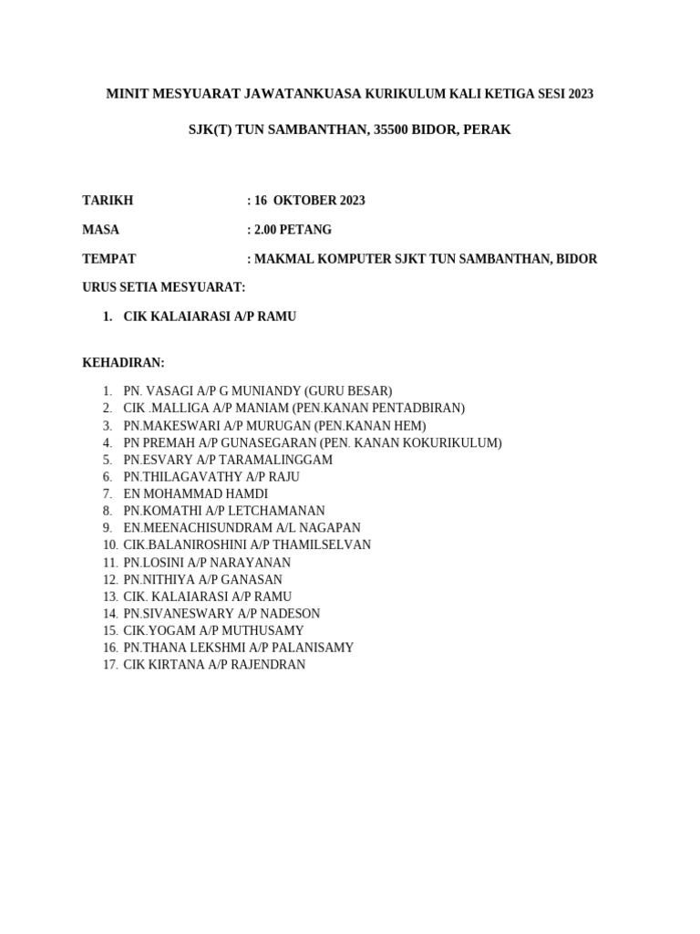 Minit Mesyuarat Jawatankuasa Kurikulum Kali Ketiga Sesi 2023 | PDF