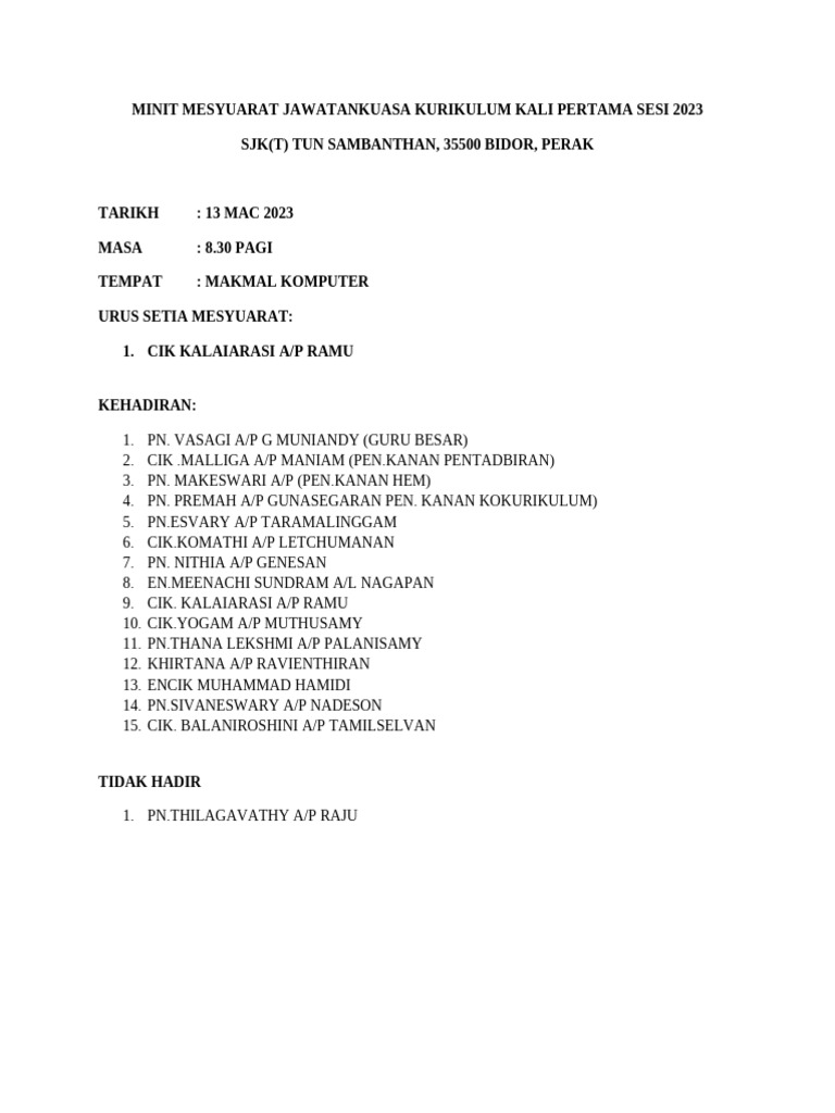 MINIT MESYUARAT JAWATANKUASA KURIKULUM KALI PERTAMA SESI 2023 | PDF