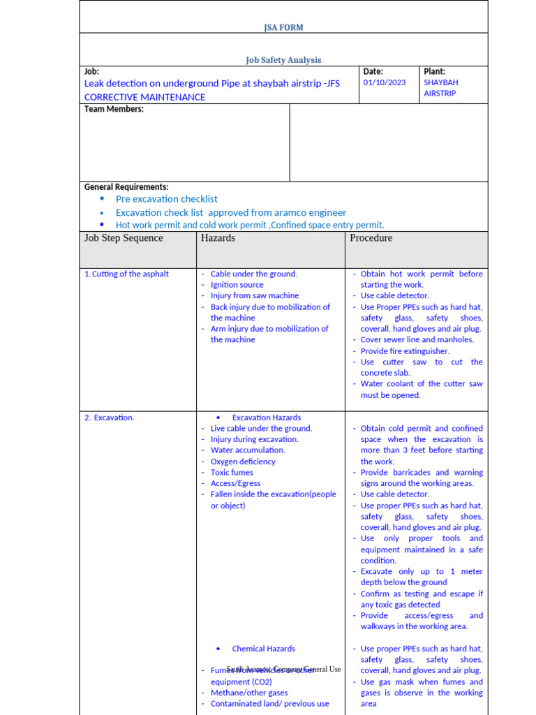 Excavation Job Safety Analysis (JSA)-SHAYBAH | PDF | Personal ...