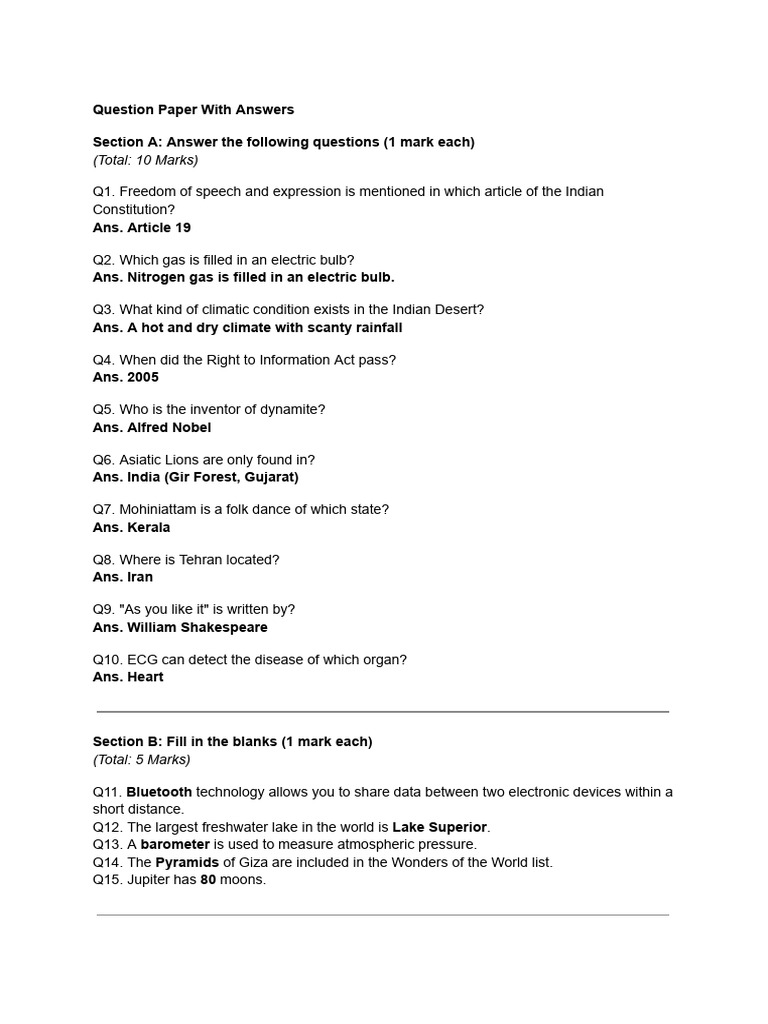 Question Paper With Answers Class IX | PDF