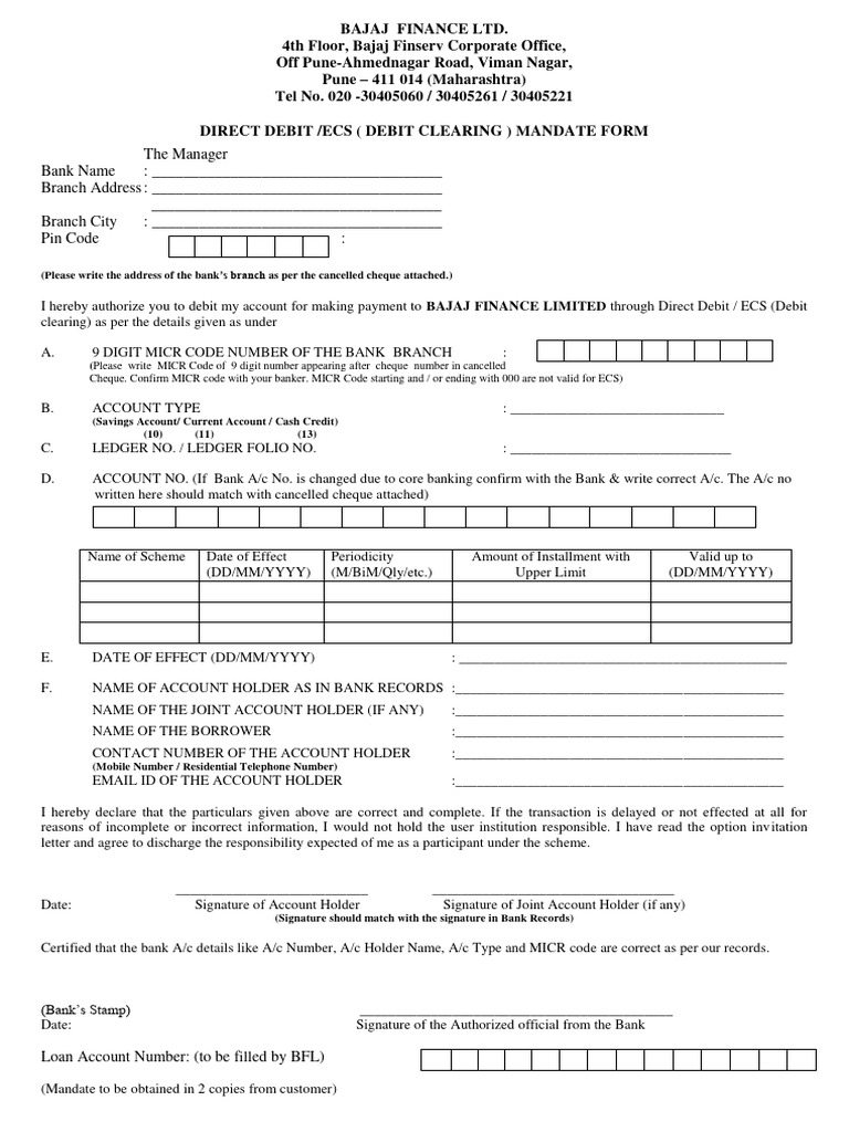 Mandate Bajaj Finserv Form | PDF | Cheque | Banks