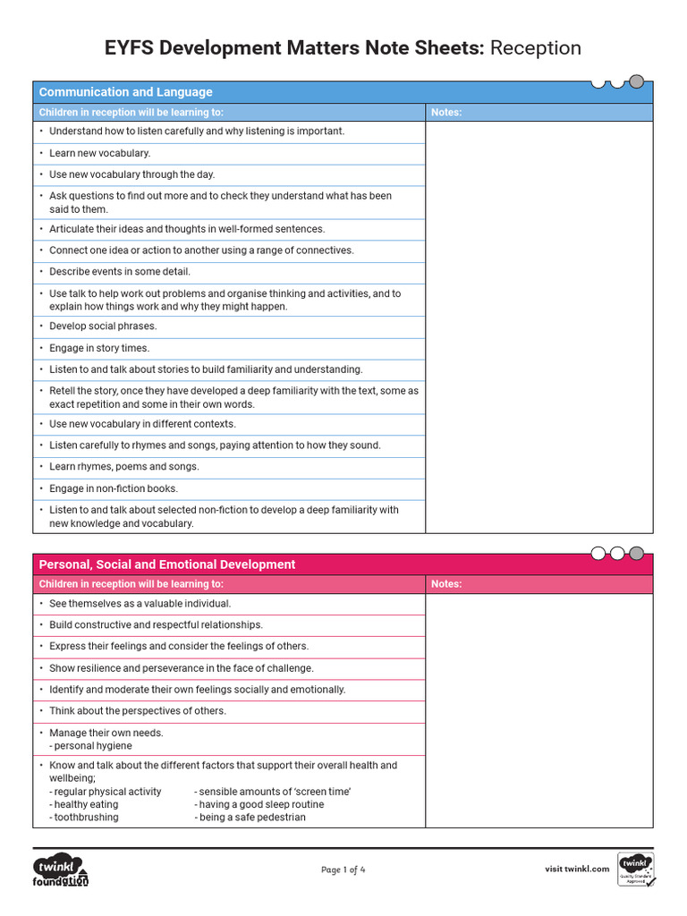 EYFS Development Matters With Checkpoints and Notes Reception | PDF ...