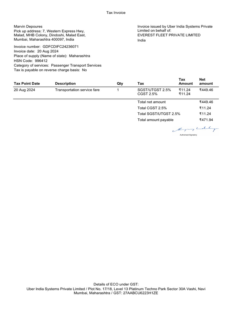 Uber Tax Invoice for Transportation Services | PDF
